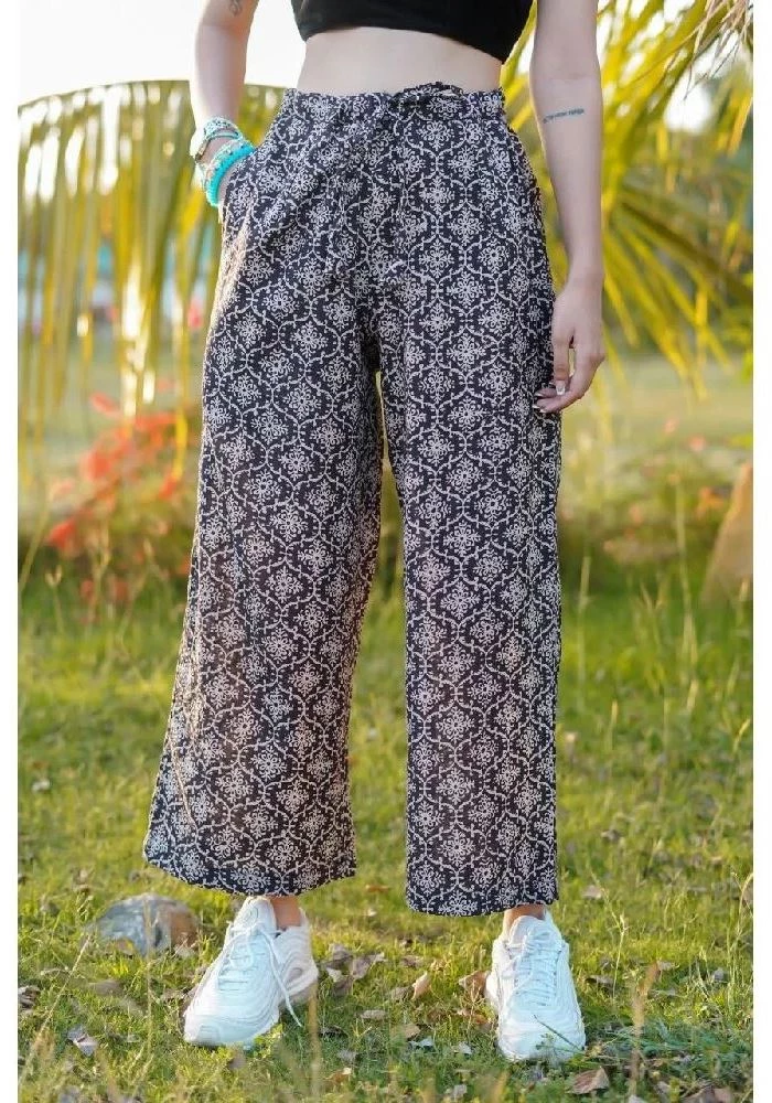 Black Cotton Parallel Pants with Bagru Hand-Block Print