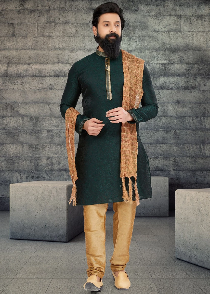 Green Woven Kurta Pajama For Mens