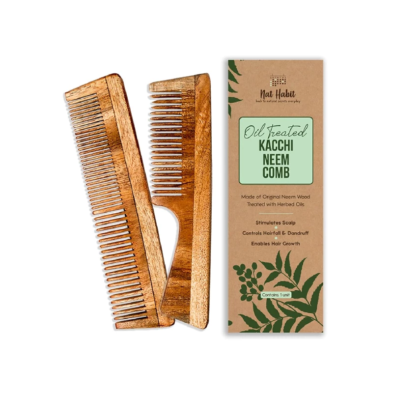Nat Habit Kacchi Neem Wooden Dual Tooth & Fine Tooth Comb