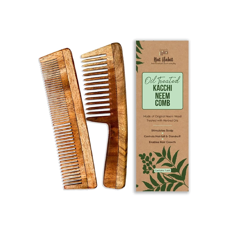 Nat Habit Kacchi Neem Wooden Dual Tooth & Wide Tooth Comb | The Desi Food