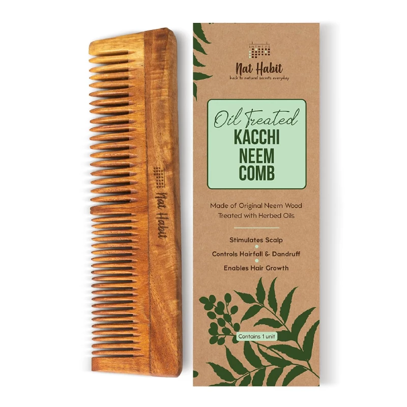 Nat Habit Kacchi Neem Wooden Dual Tooth Comb