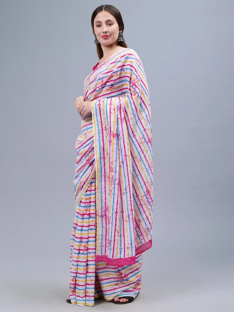 Printed Malmal Cotton Pink Saree