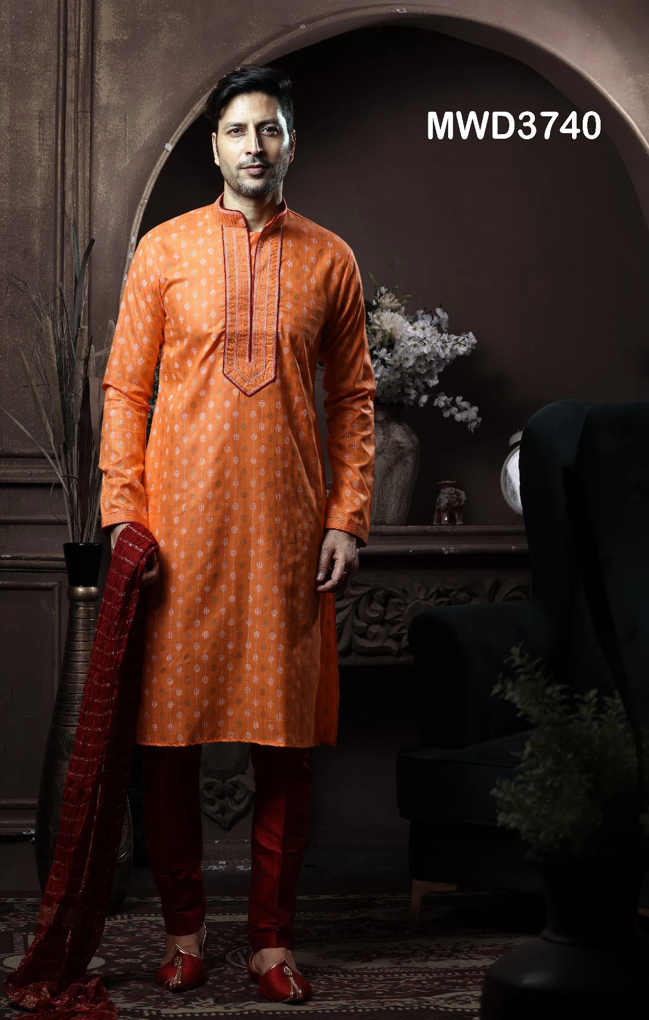 Readymade Orange Kurta Pajama In Printed Designs