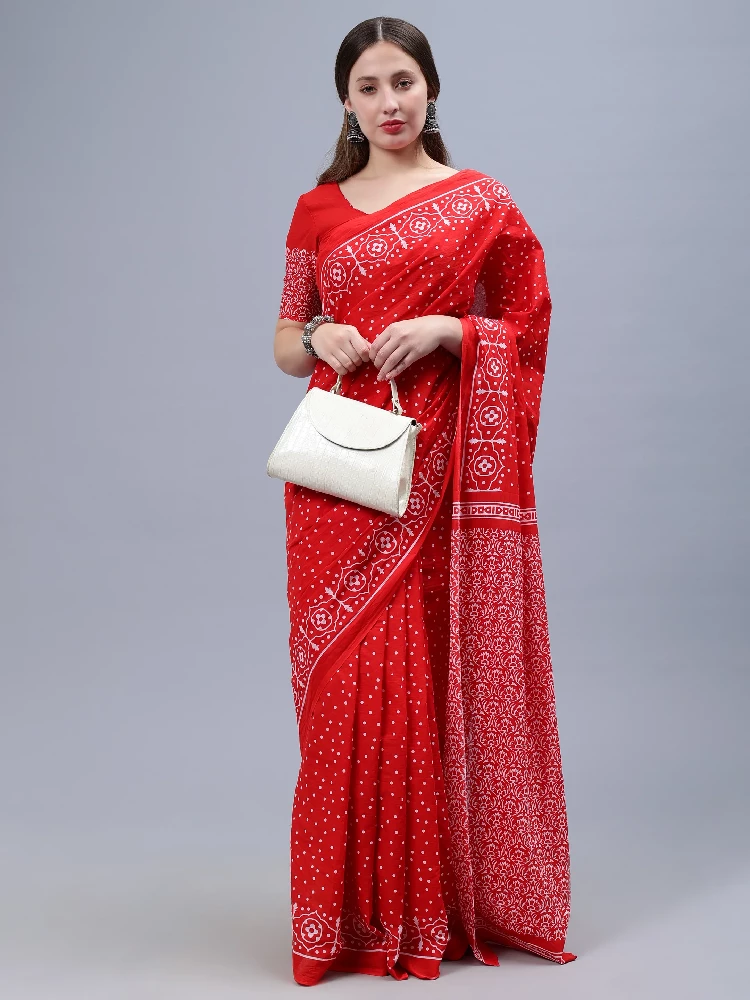 Red Printed Malmal Cotton Saree