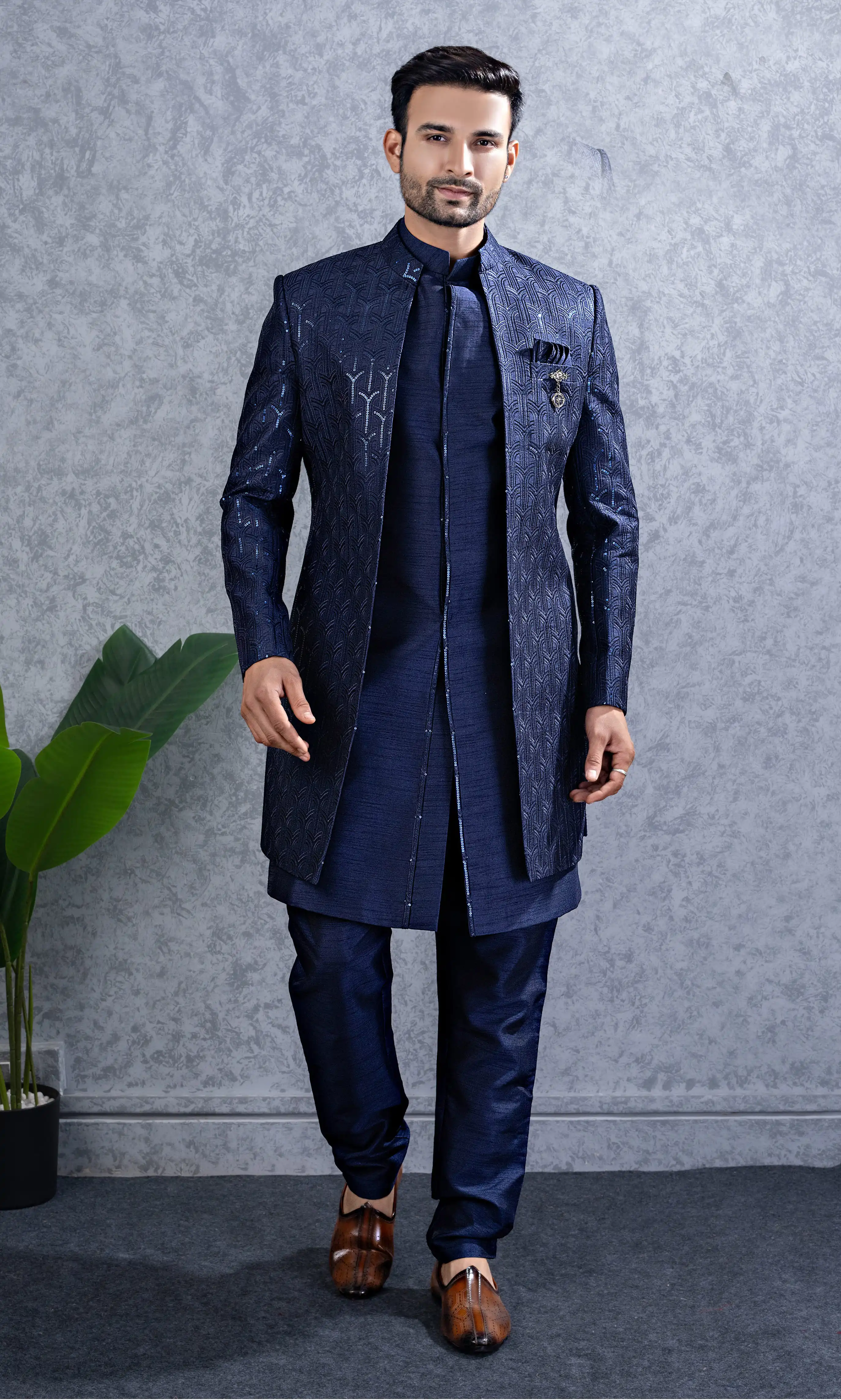 Regal Navy Blue Jacquard Jacket Ensemble with Art Silk Trousers ...