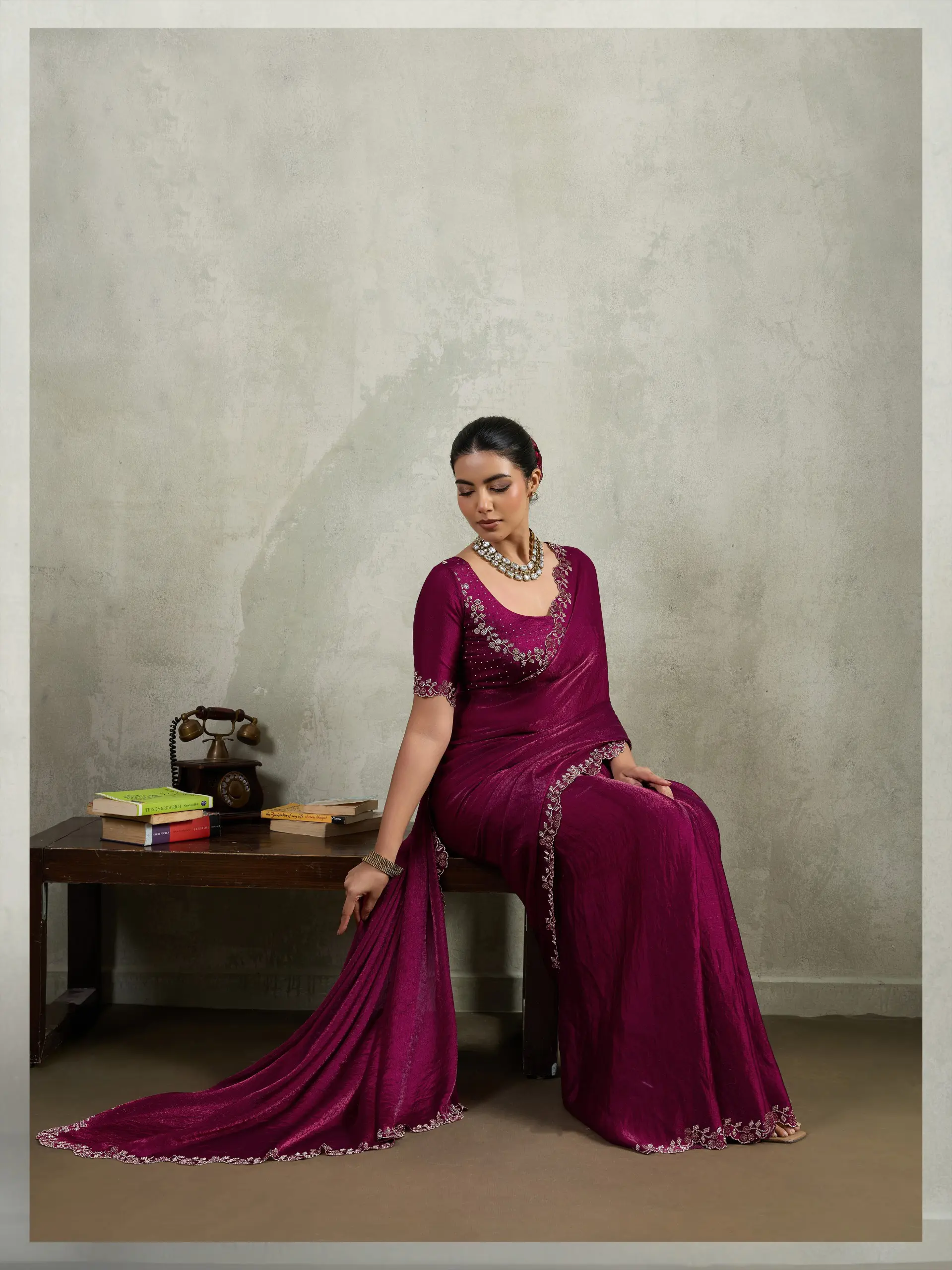 Roykals Wine Velvet Chiffon Saree with Wine Blouse