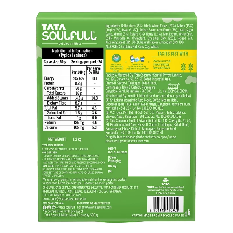 Tata Soulfull Crunchy Whole Grains Nuts & Fruits Millet Muesli