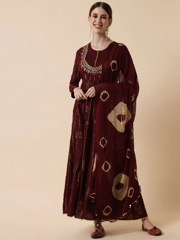 Traditional Function Wear Rayon Readymade Suit, Chiffon-Maroon