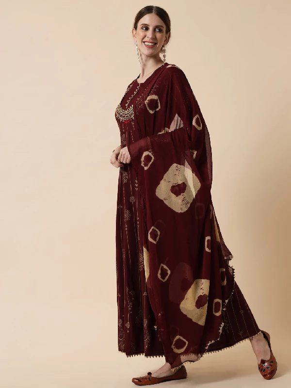 Traditional Function Wear Rayon Readymade Suit, Chiffon-Maroon
