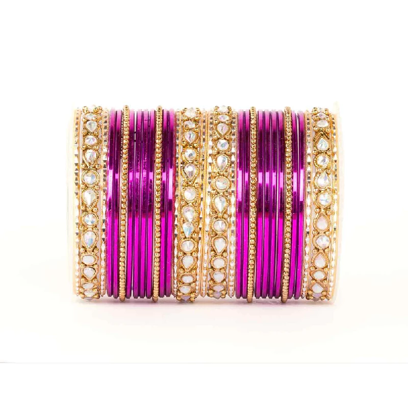 Gold Radium Polish Rani Color Bangles in Metal Alloy with Kundan work